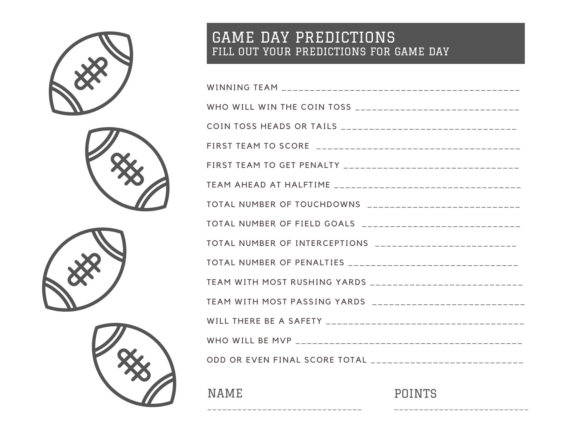 Foot Ball Game Day Predictions | Printable Digital Download - Etsy