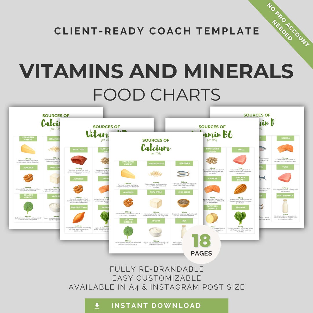 Vitamins & Minerals Food Charts | Editable Canva Template | Nutrition ...