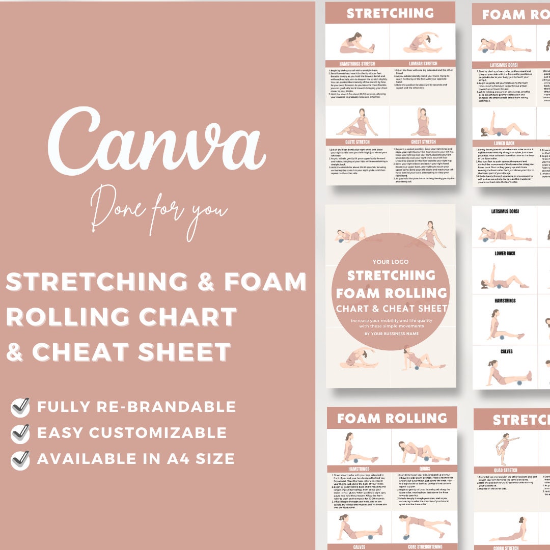 Editable Stretching and Foam Rolling Chart Cheat Sheet | Canva | A4 ...