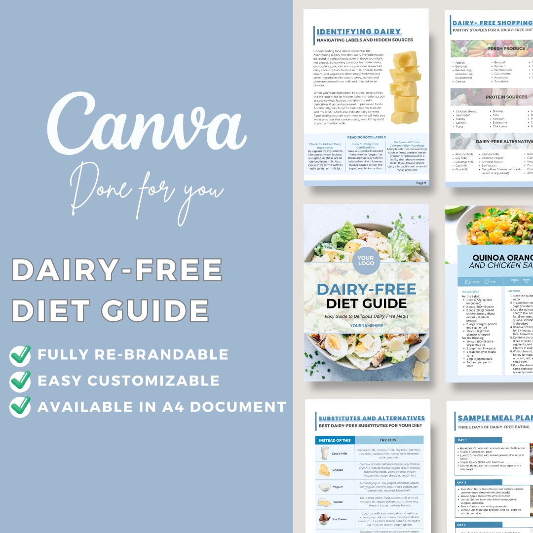 Dairy-free Diet Guide: Editable Canva Template for Nutritionists ...