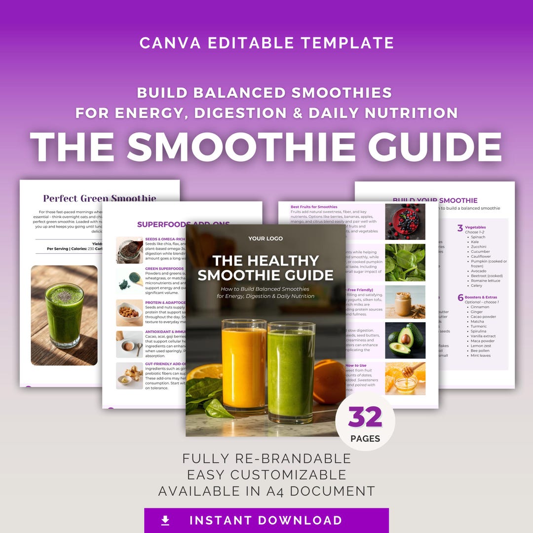 Healthy Smoothie Guide: Editable Canva Template, Health and Wellness ...