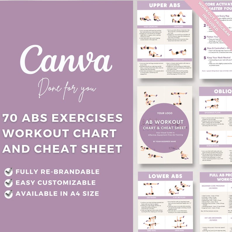 Editable Canva Template 70 ABS Exercise Workout Chart and Cheat Sheet ...