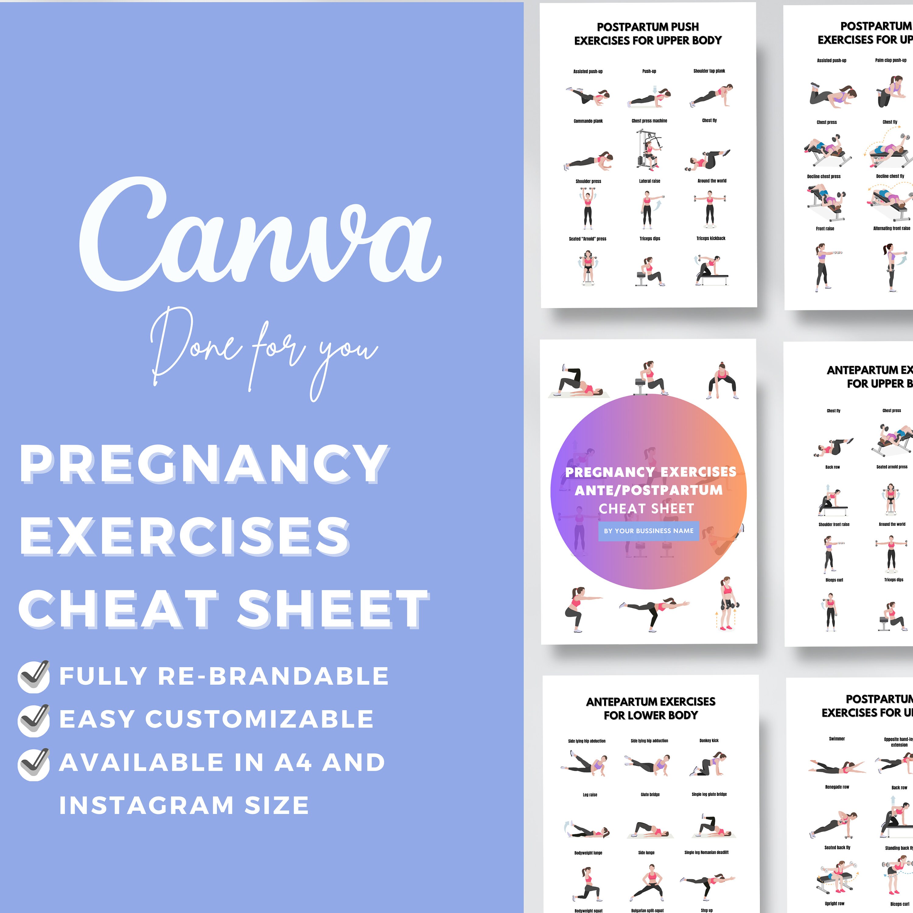 Editable Canva Pregnancy Exercises Cheat Sheet A4 Instagram Size Health ...