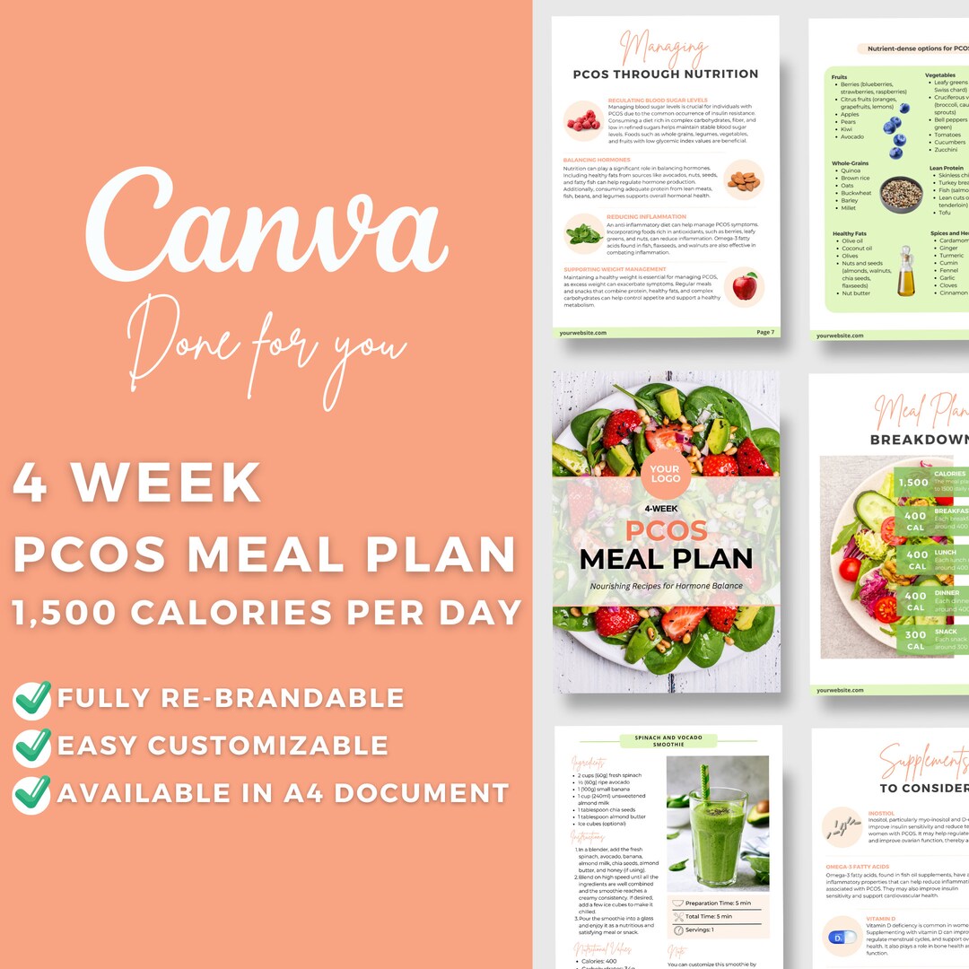 PCOS Meal Plan (4-week, 1500 Calories): Editable Canva Template for ...