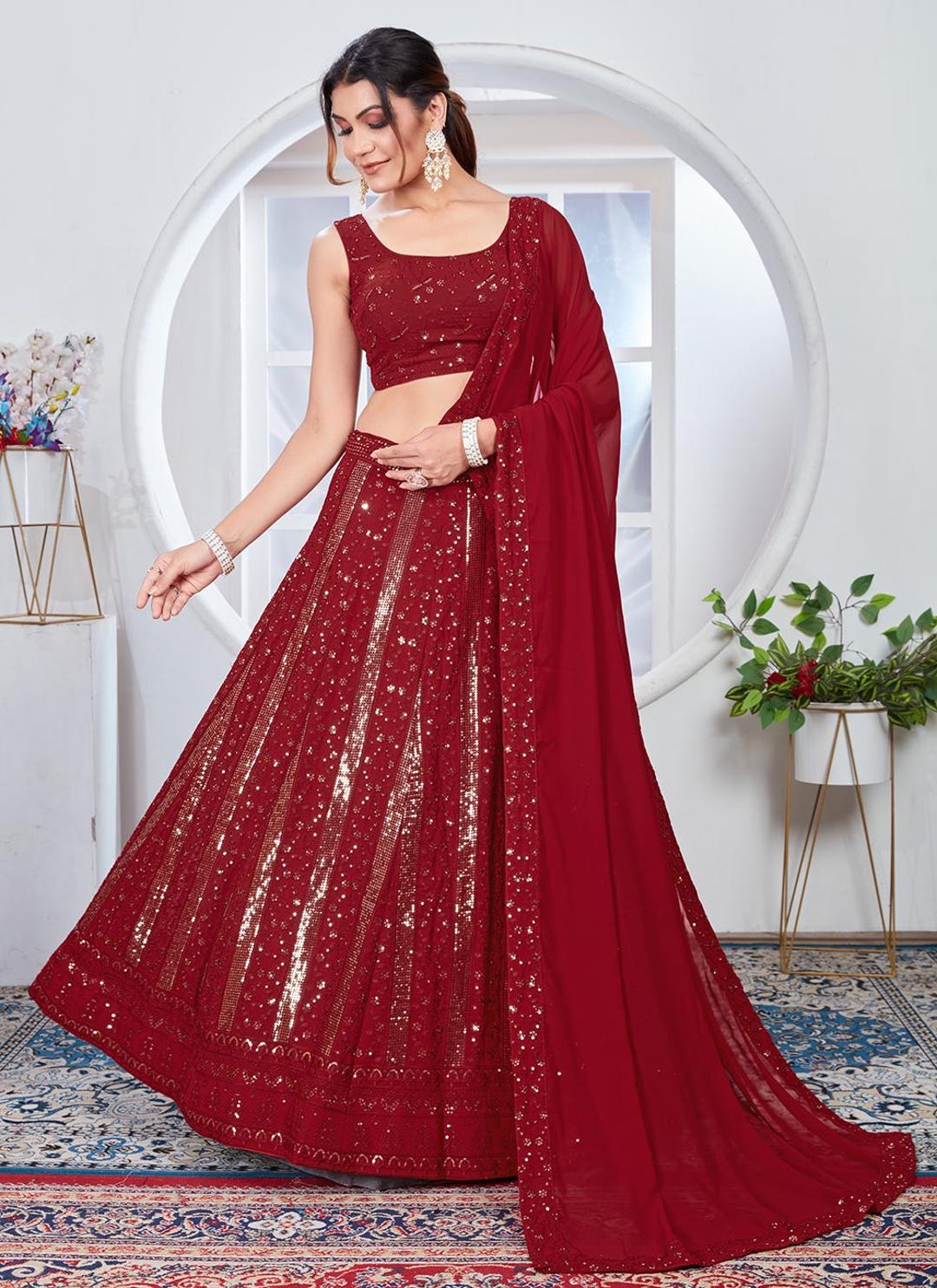 Red Georgette Sequin Embroidered Lehenga Choli Set for Women Wedding ...