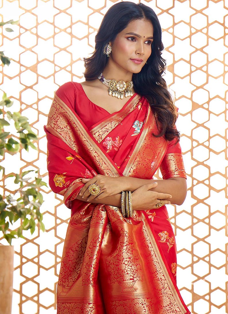 Amazing Red Saree for Women Indian Party Wear Banarasi Silk Sari With ...