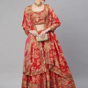 Red Floral Digital Printed Embroidered Organza Ready to Wear Bridal ...