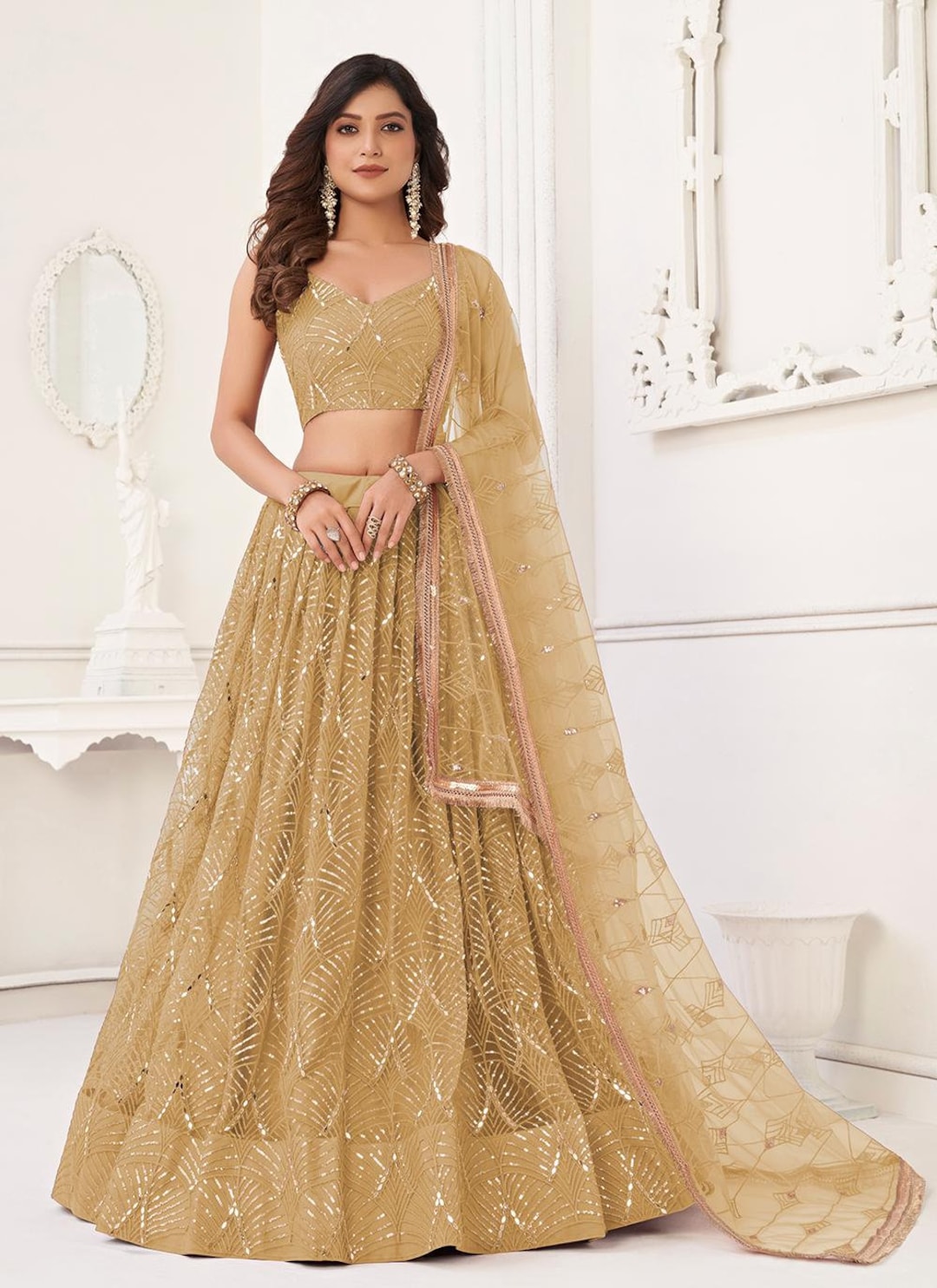 Cream Net Sequins & Embroidered Lehenga Choli for Women Ready to Wear ...