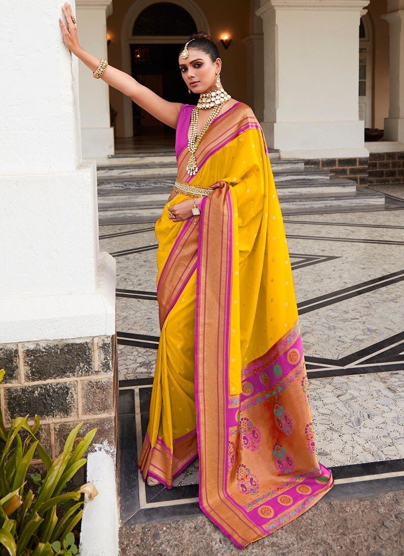 Mustard Silk Woven Zari Broad Border and Multi Thread Woven Soft ...