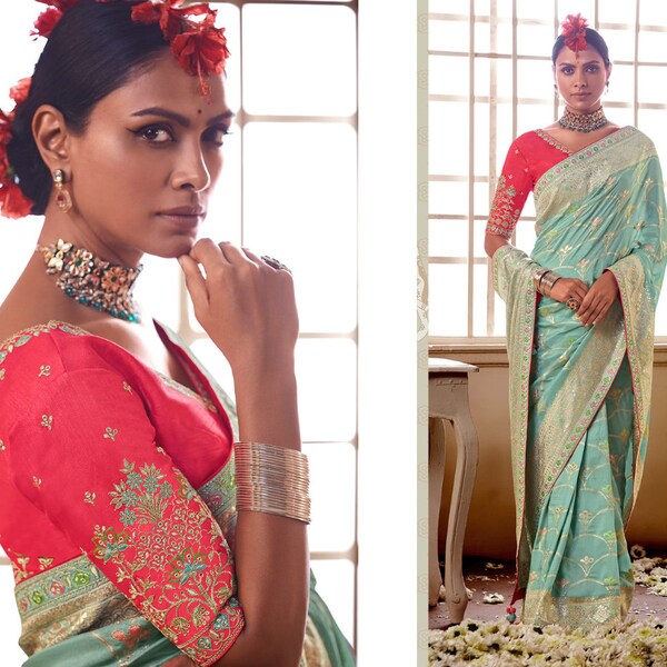 Sky Blue Red Silk Saree - Etsy