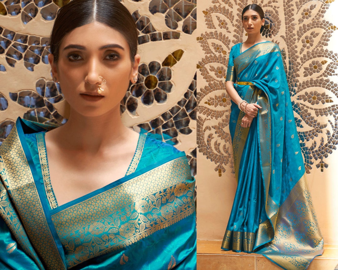 Saree for Wedding Royal Princess Peacock Blue Kanjivaram Silk - Etsy