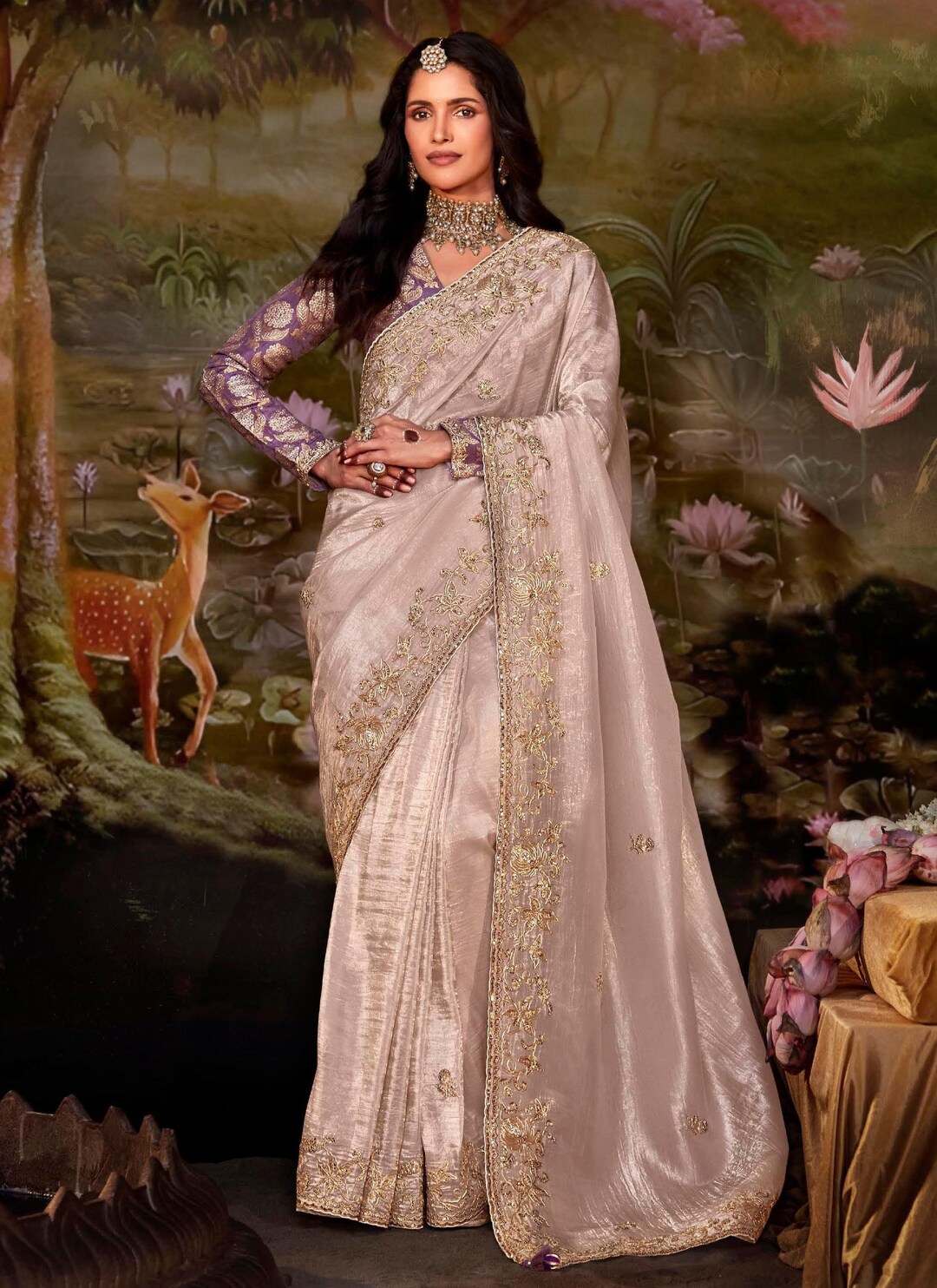 Misty Rose Color Bollywood Style Fancy Fabric Saree With Embroidered ...