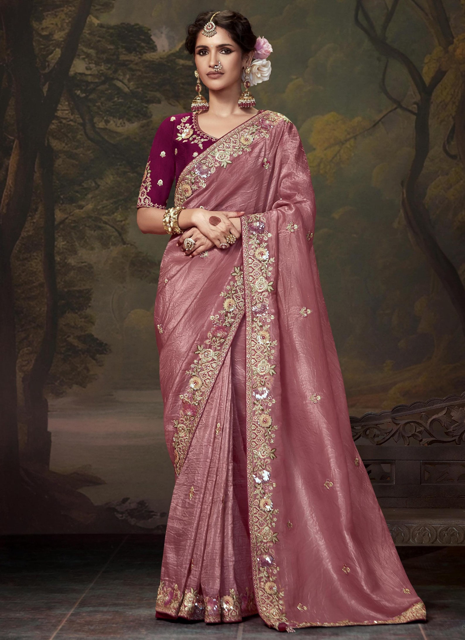 Premium Rose Pink Tissue Organza Silk Embroidered Saree With Contrast ...