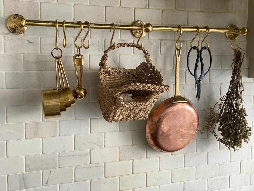 Unlacquered Brass Wall Mounted Pot Rack , Brass Kitchen Rail With Hooks ...