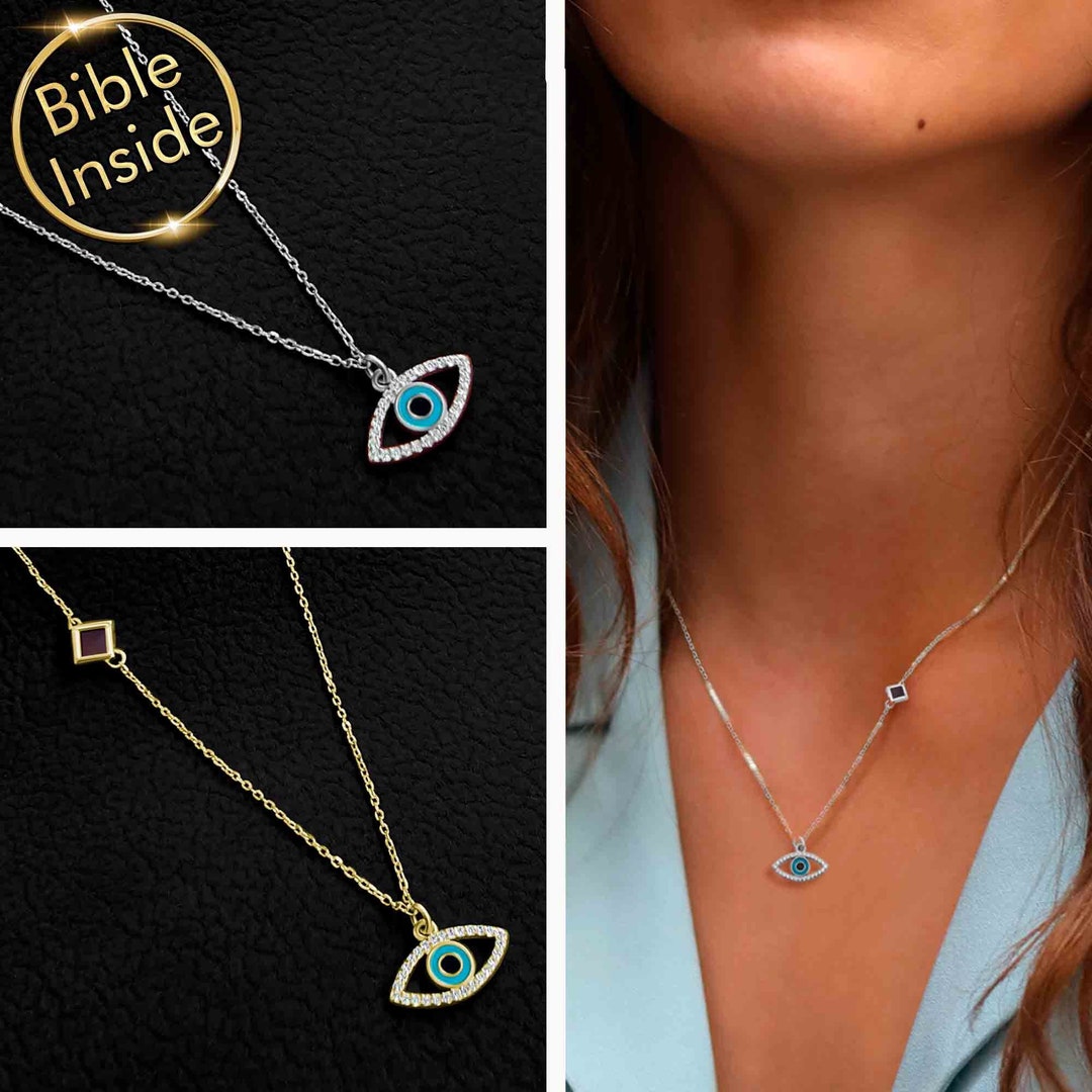 Dainty Evil Eye Necklace, Christian Amulets, Nano Bible Jewelry, Bible ...