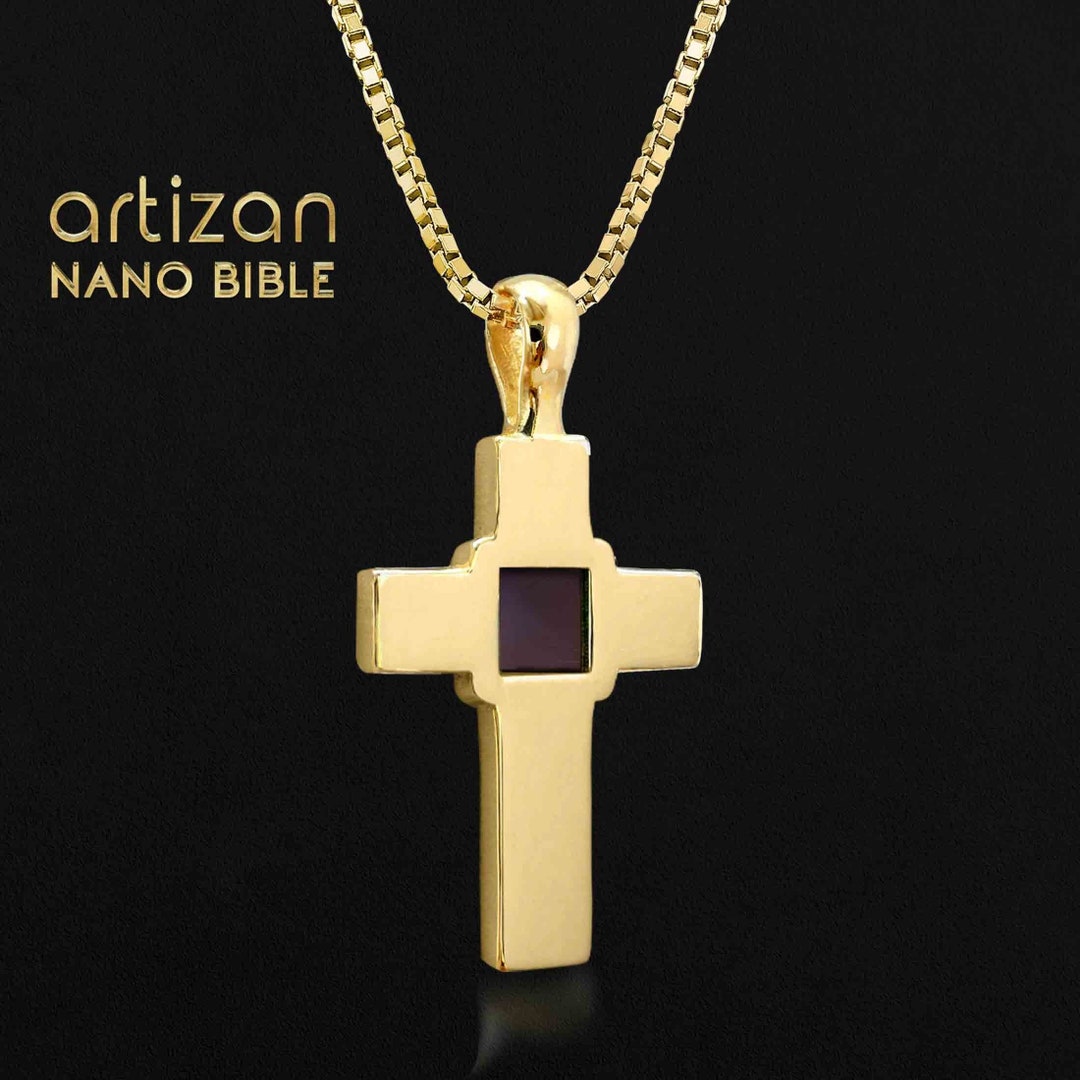 Gold Cross Pendant Nano Bible Necklace Unisex Christian - Etsy