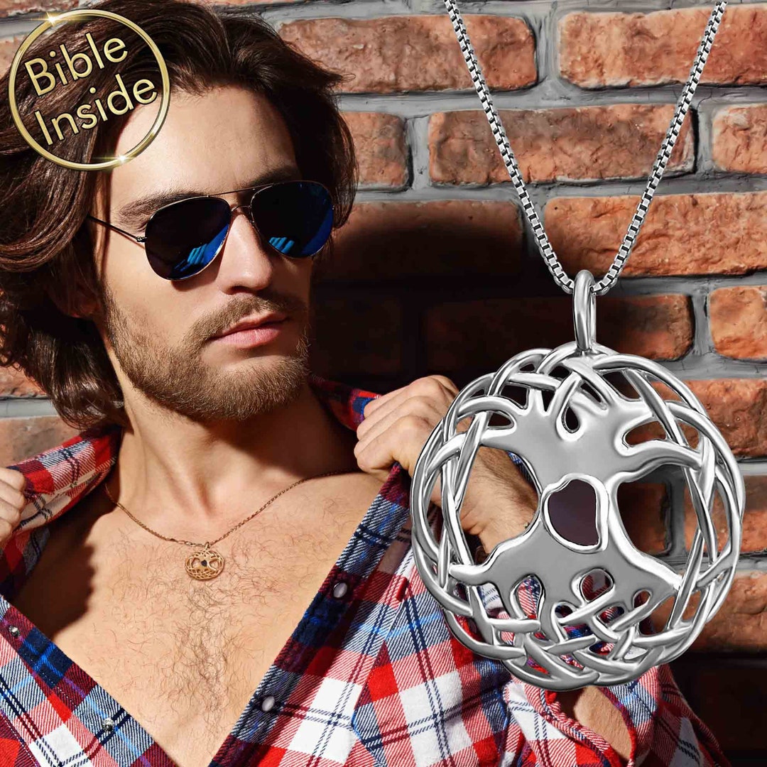 Tree of Life Necklace for Men With Nano Bible Masculine Tree of Life ...