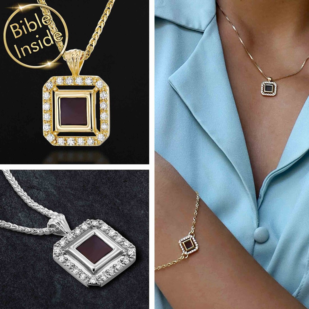 Christian Jewelry Necklace - Dainty Square Pendant With Nano Bible and ...