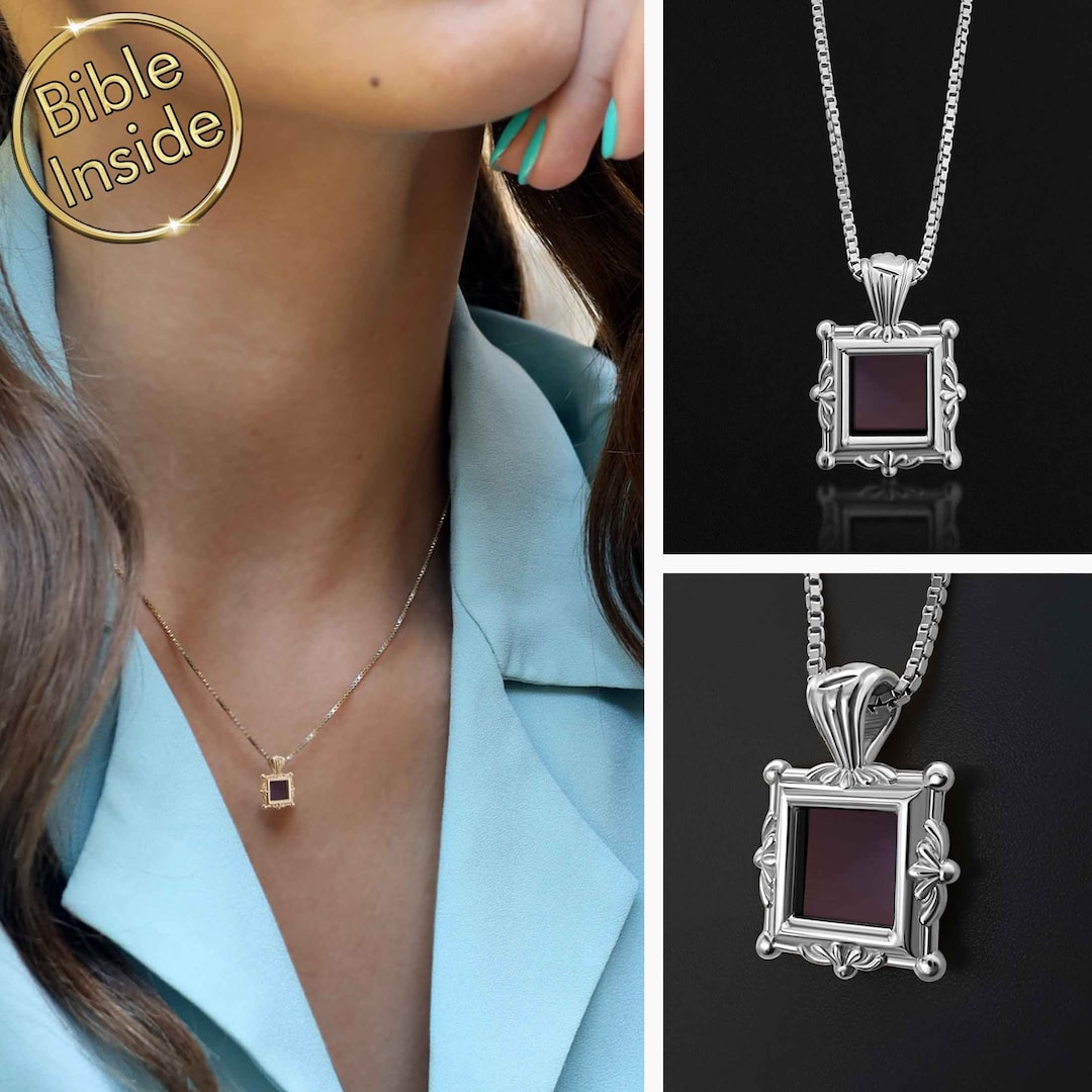 14K White Gold Vintage Style Nano Bible Necklace, Dainty Bible Jewelry ...