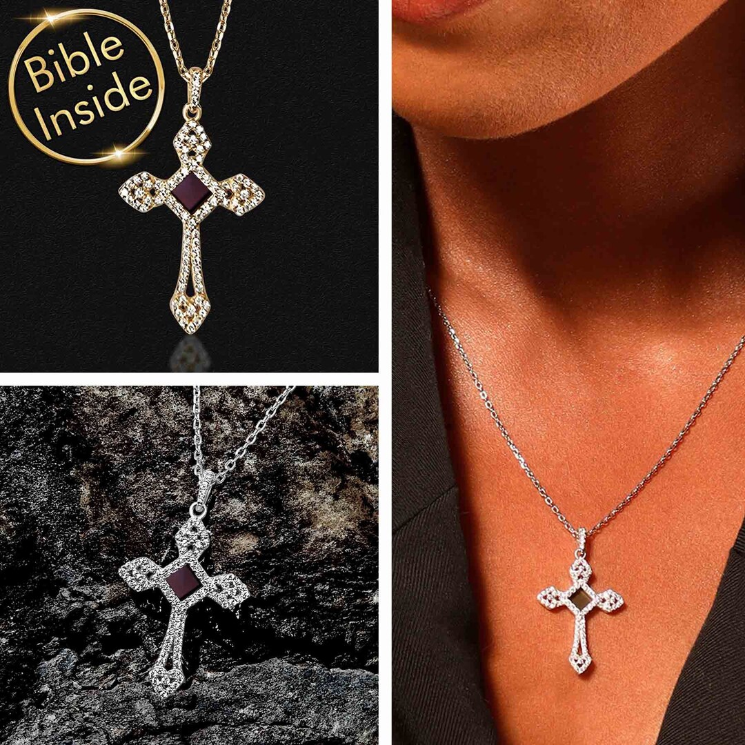 Jewelry Gift for Mom: Victorian Style Cross Necklace With Nano Bible ...