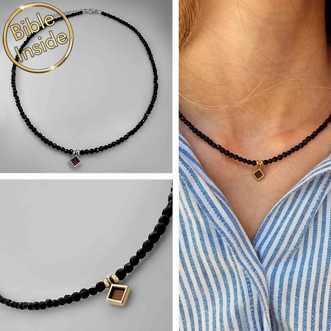 Nano Bible Necklace - Onyx Beads Chain With Nano Bible Pendant in ...