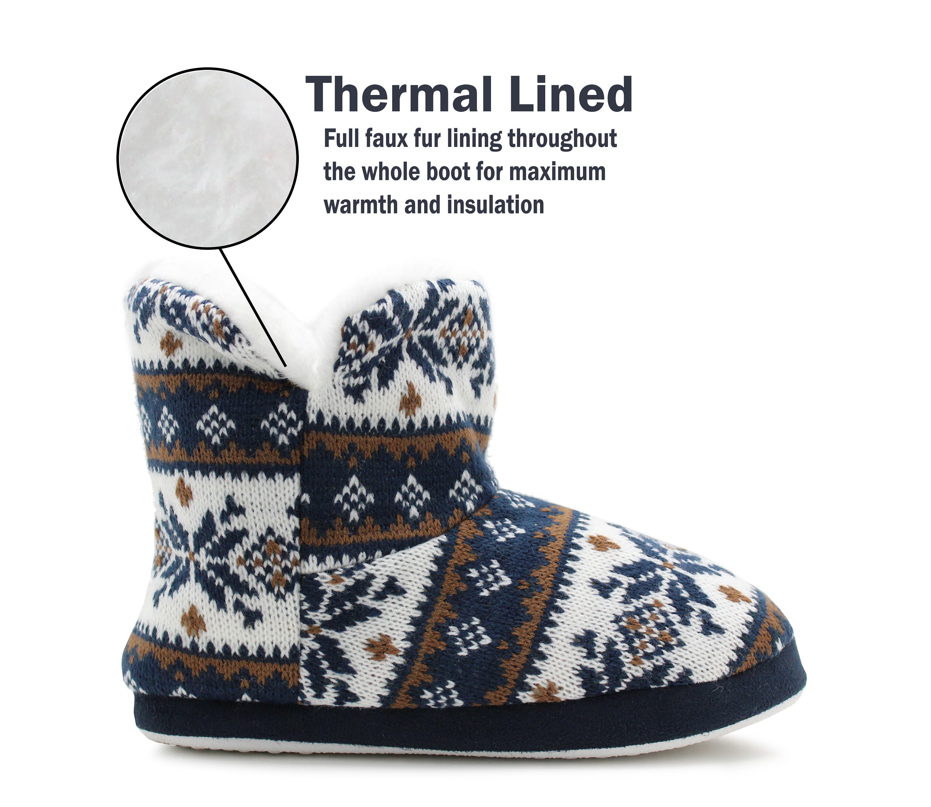 Womens Ankle Boot Slippers Knitted Fair Isle Warm Faux Fur Lined Slip ...