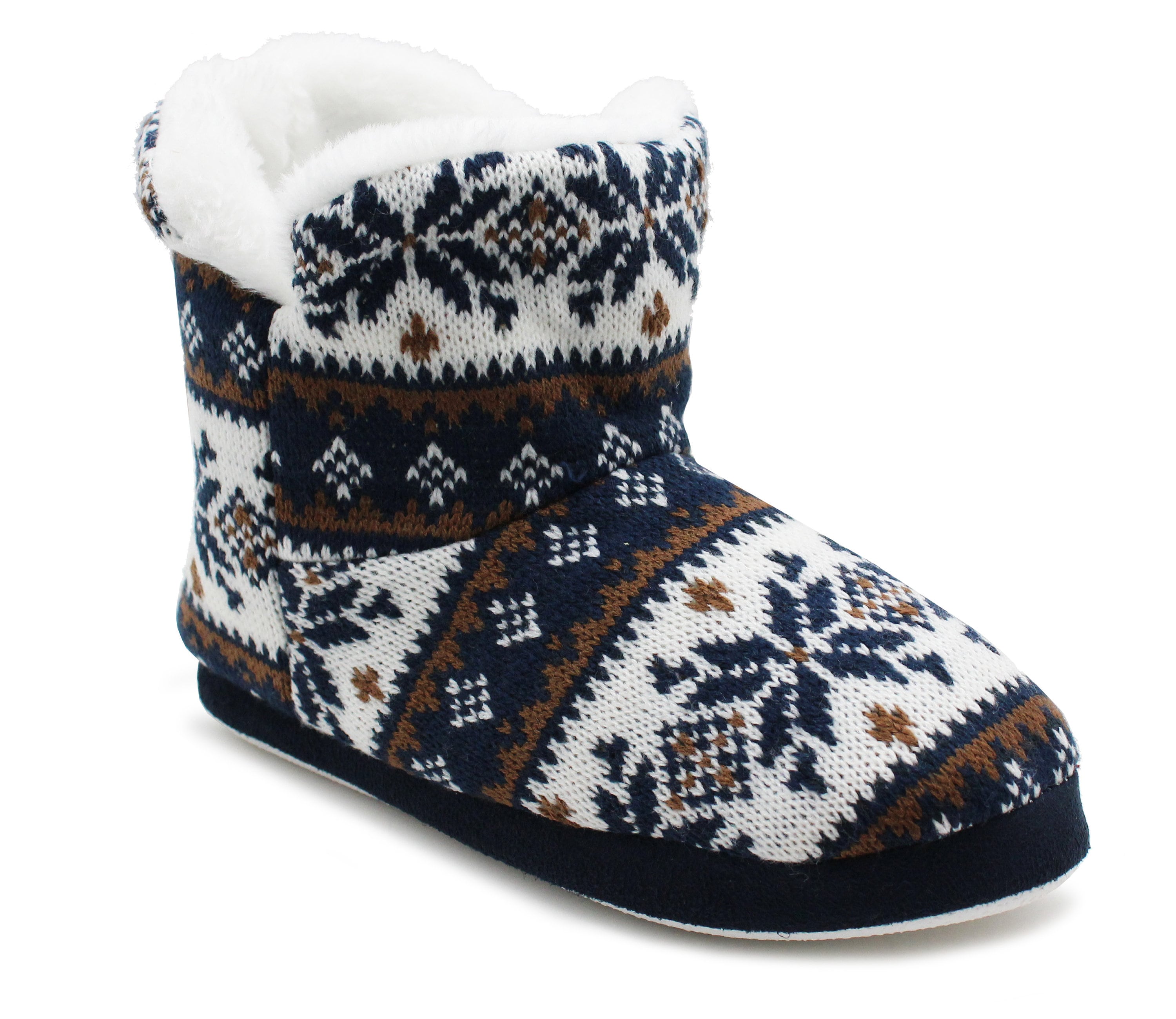 Womens Ankle Boot Slippers Knitted Fair Isle Warm Faux Fur Lined Slip ...