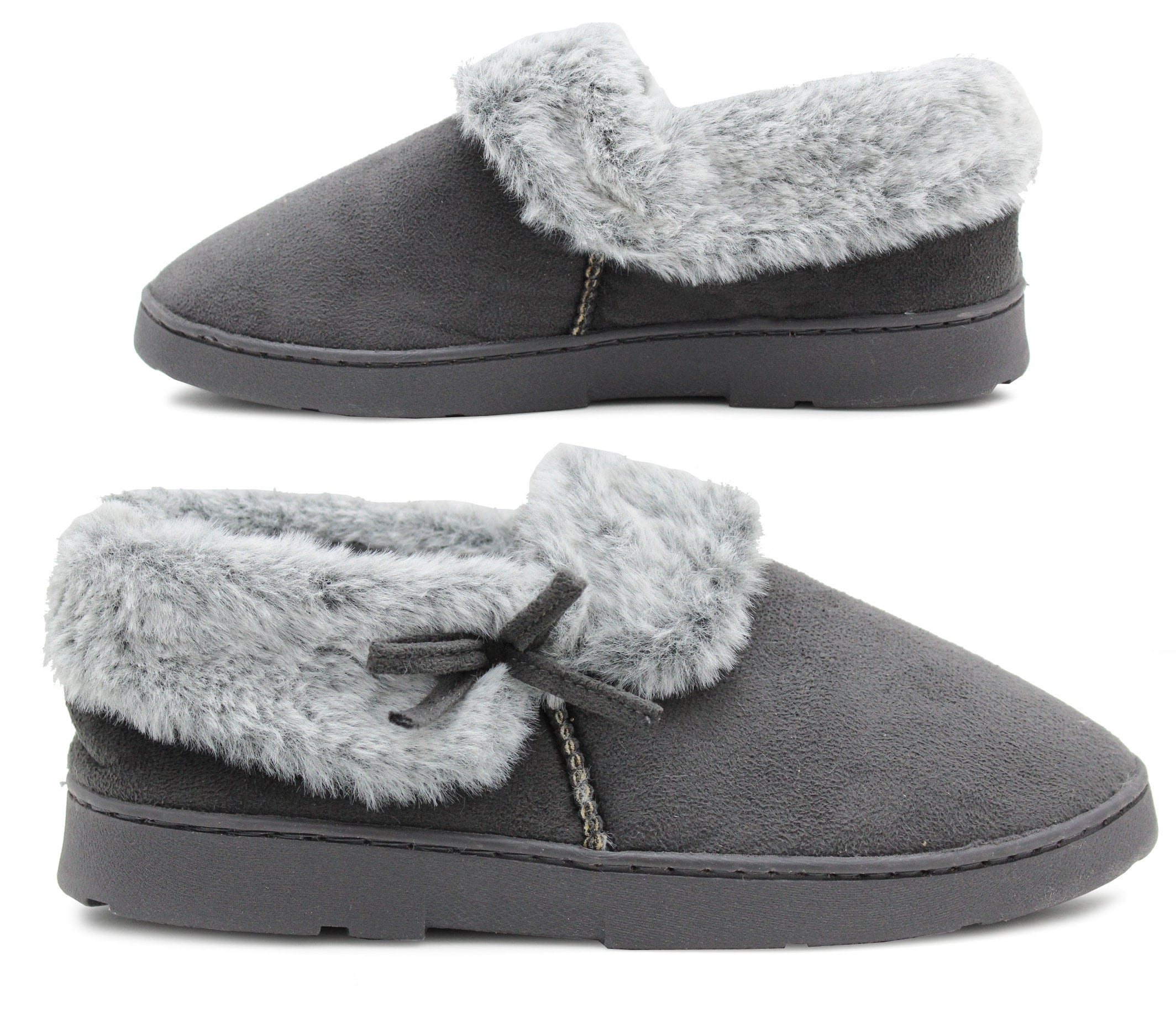 Ladies Faux Fur Lined Grey Slippers Womens Warm Winter Slip on Hard ...