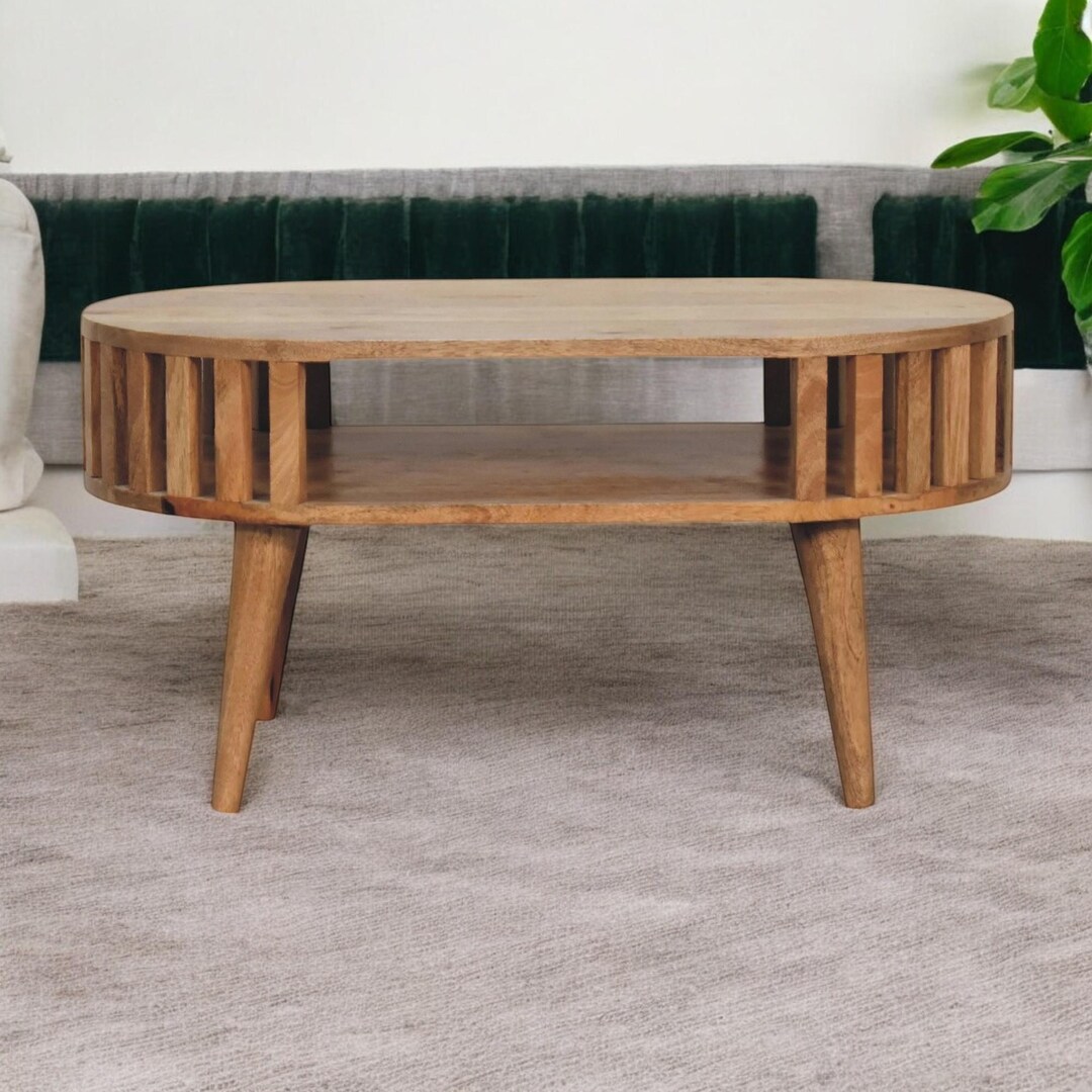 Oval-shaped Oak Mango Wood Slatted Coffee Table - Etsy