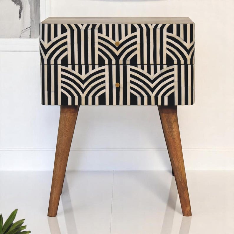 Vintage Bone Inlay Nightstand With Geometric Pattern - Etsy