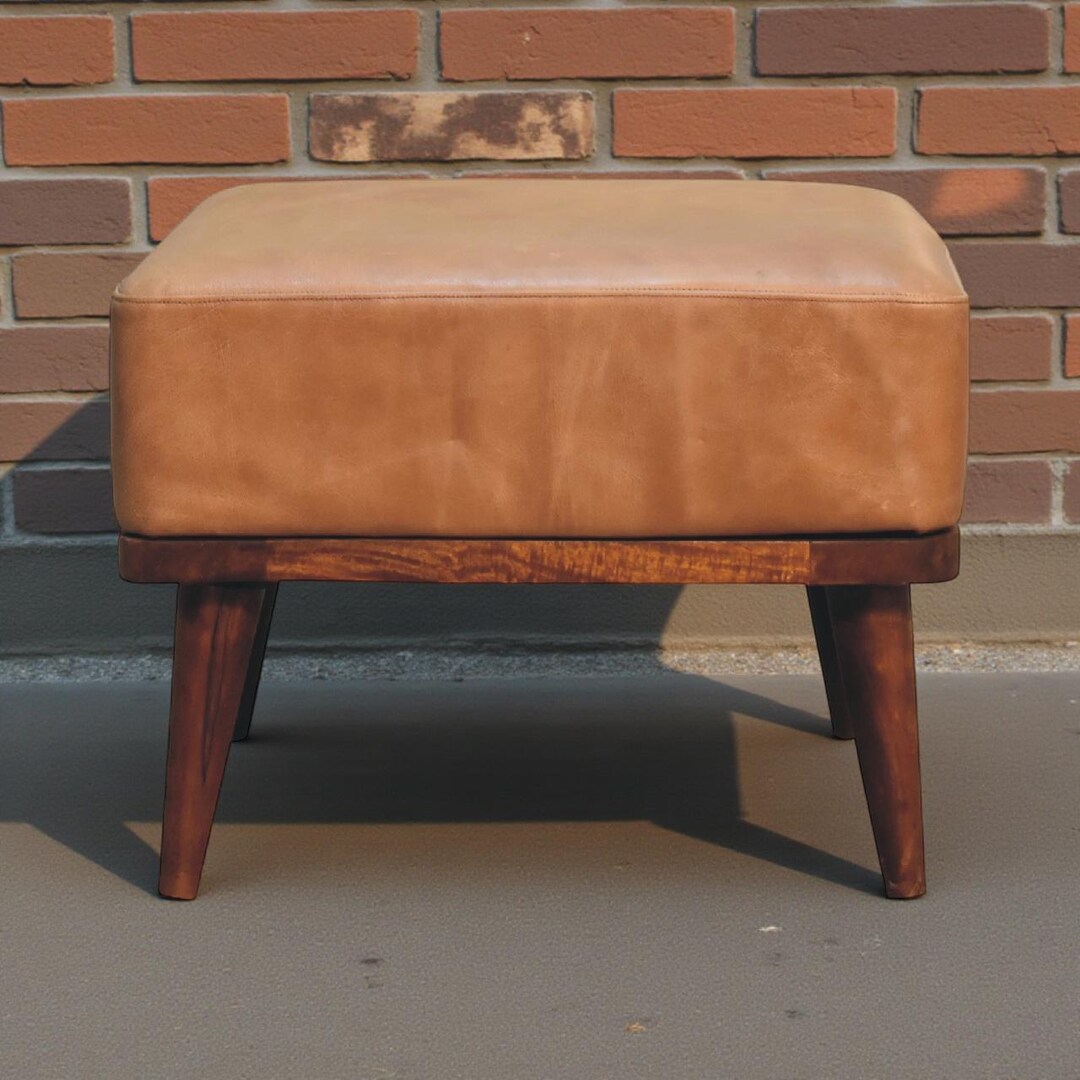 Vintage Buffalo Leather Footstool With Solid Mango Wood Nordic Legs - Etsy