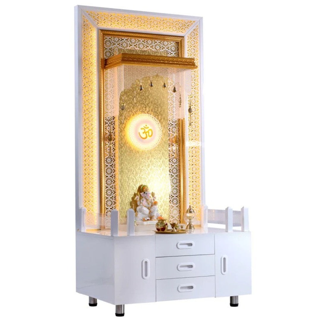 White High Gloss Designer Laminated Pooja Mandir / Temple for Home and ...