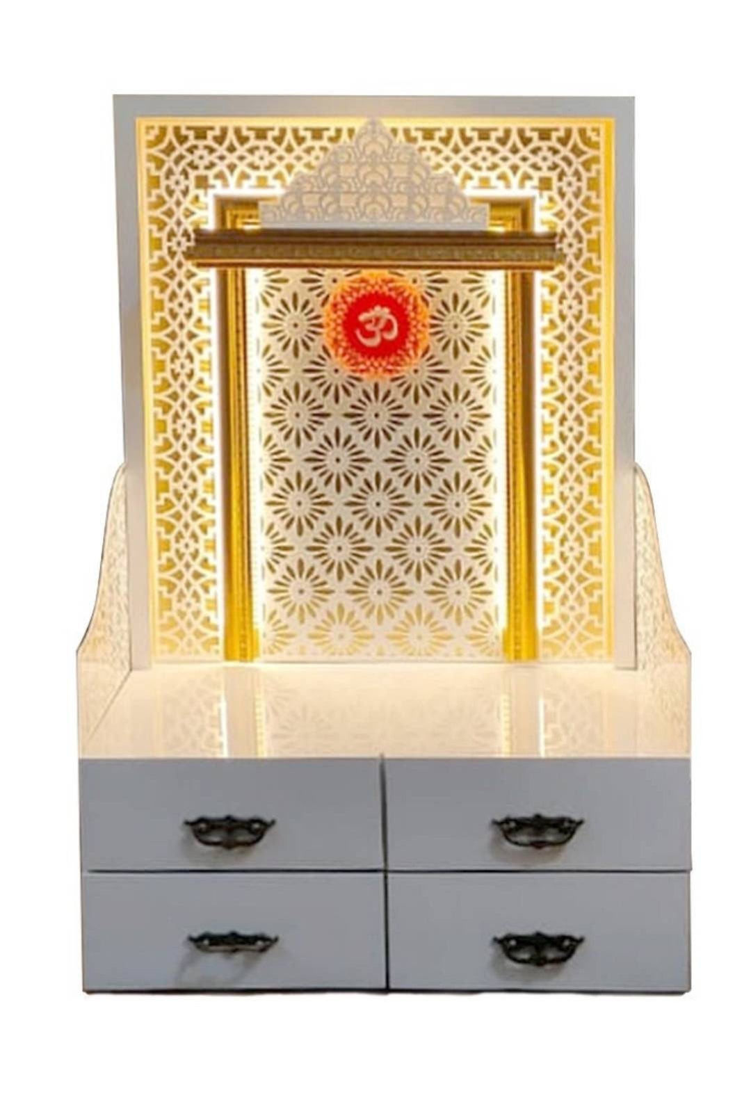 White Wooden Temple for Home With LED Lights / Designer Mandir With ...