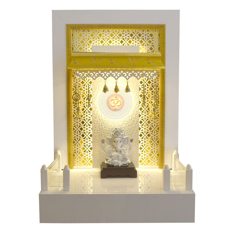 Gloss White Acrylic Laminated Designer Wooden Temple for Home With LED ...