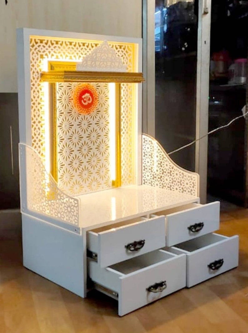 White Wooden Temple for Home With LED Lights / Designer Mandir With ...