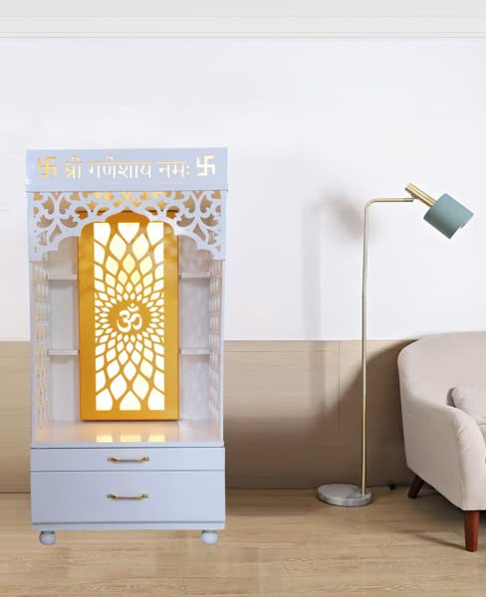 Personalized Wooden Designer Sparkling White Finish Temple for Home ...