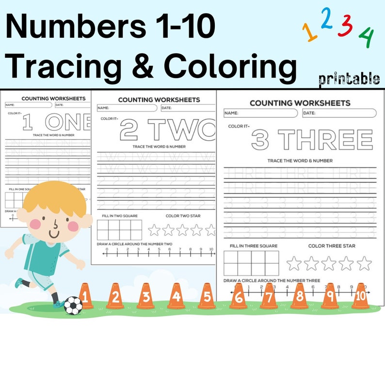 Number 1-10 Tracing & Counting Worksheets for Kids Ages 3-5. 10 Pages ...