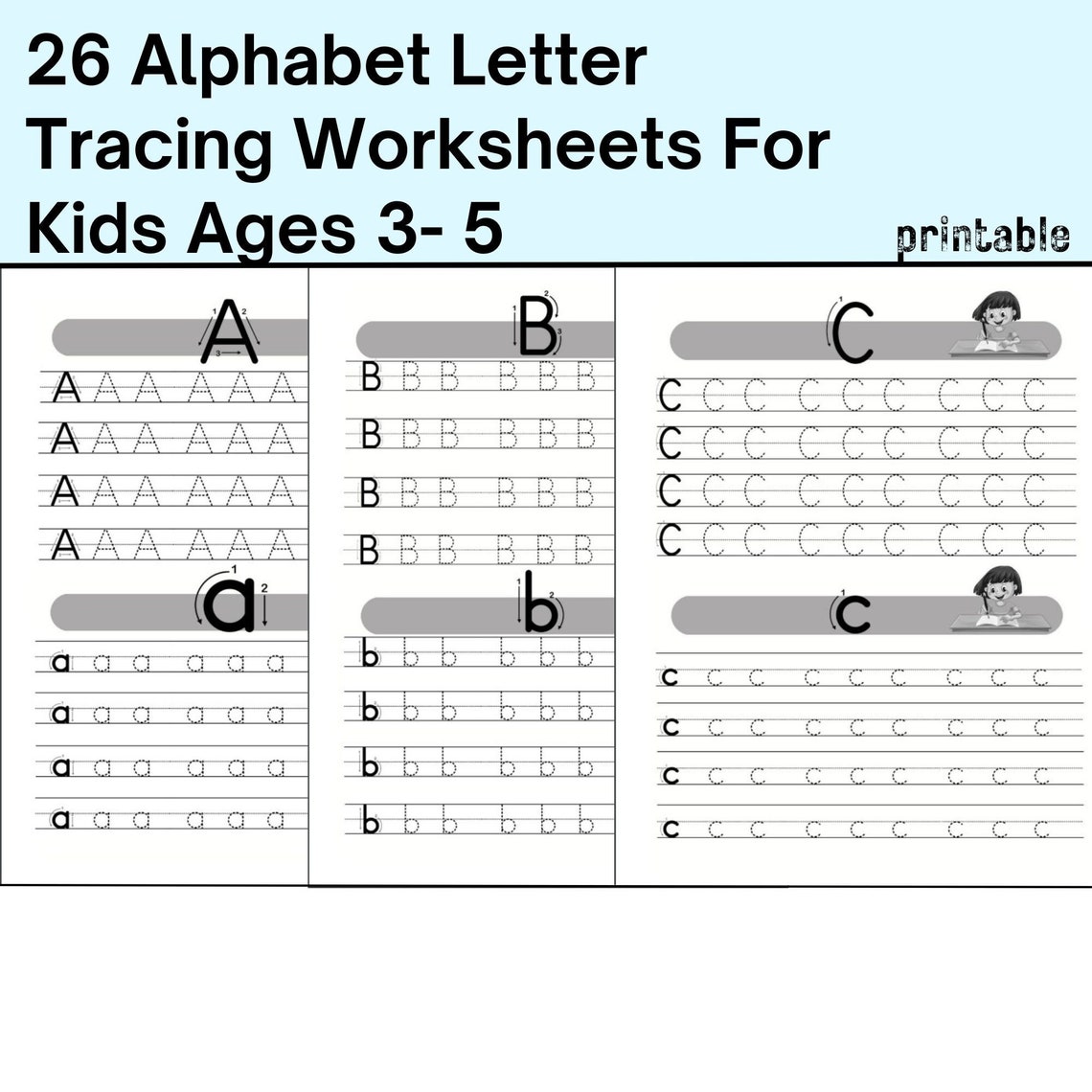 26 Printable Alphabet Letter Tracing Worksheets for Kids Ages 3-5 ...