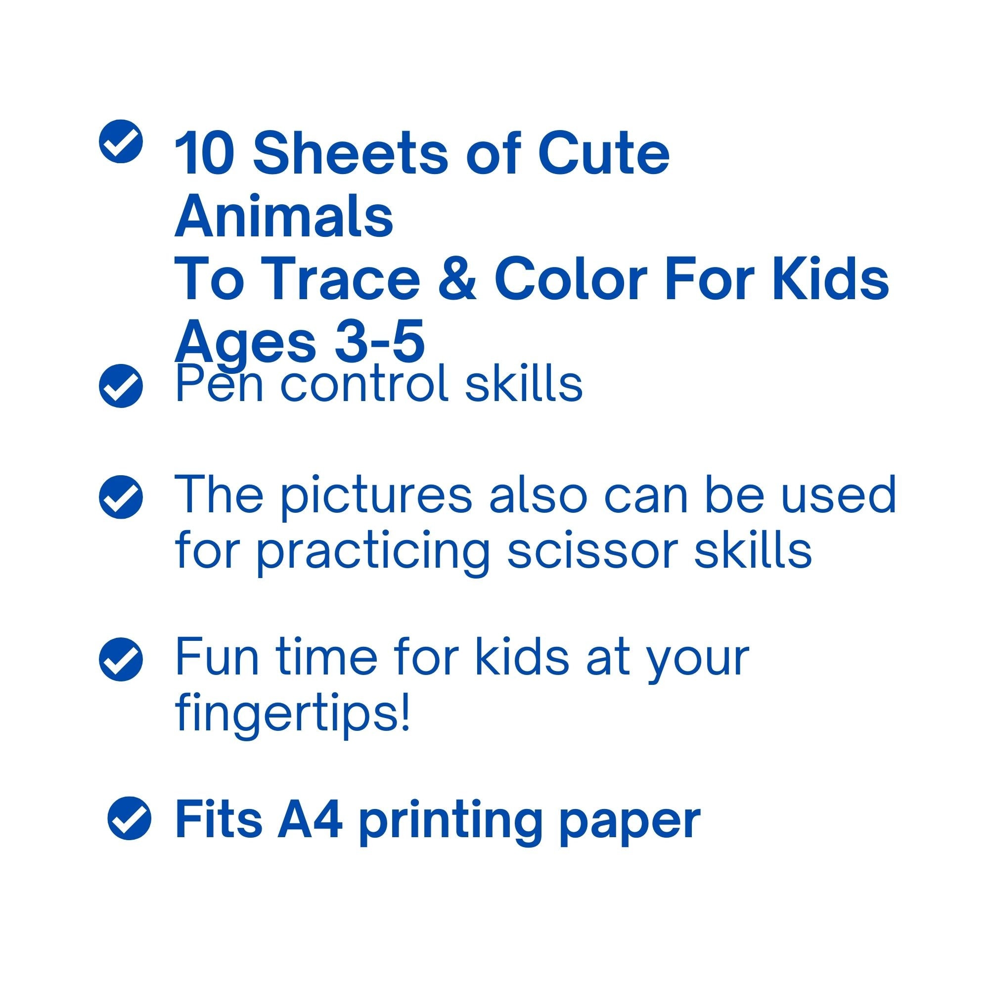 10 Workheets of Cute Animals for Kids to Trace & Color, Ages 3-5. A4 ...