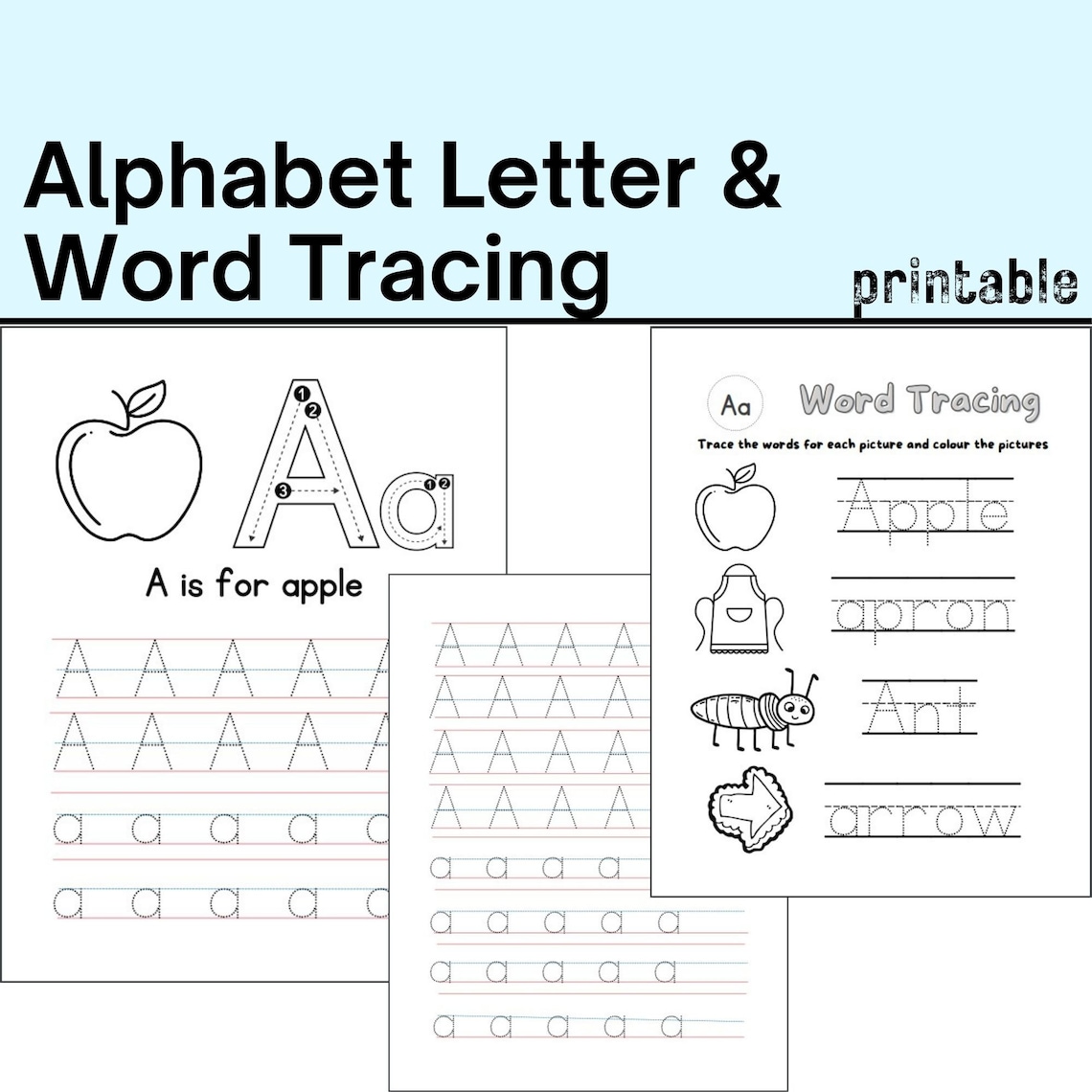 Alphabet Letter & Word Tracing Worksheets for Kids 3-5. Pen Control ...