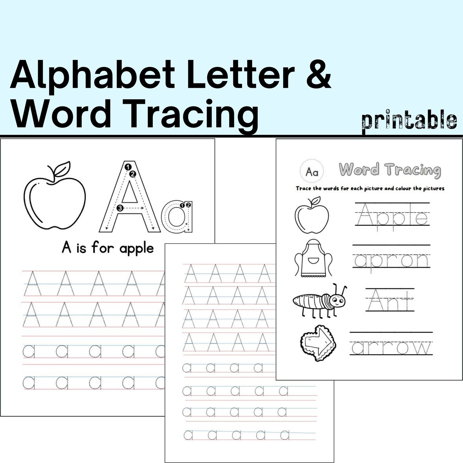 Alphabet Letter & Word Tracing Worksheets for Kids 3-5. Pen Control ...