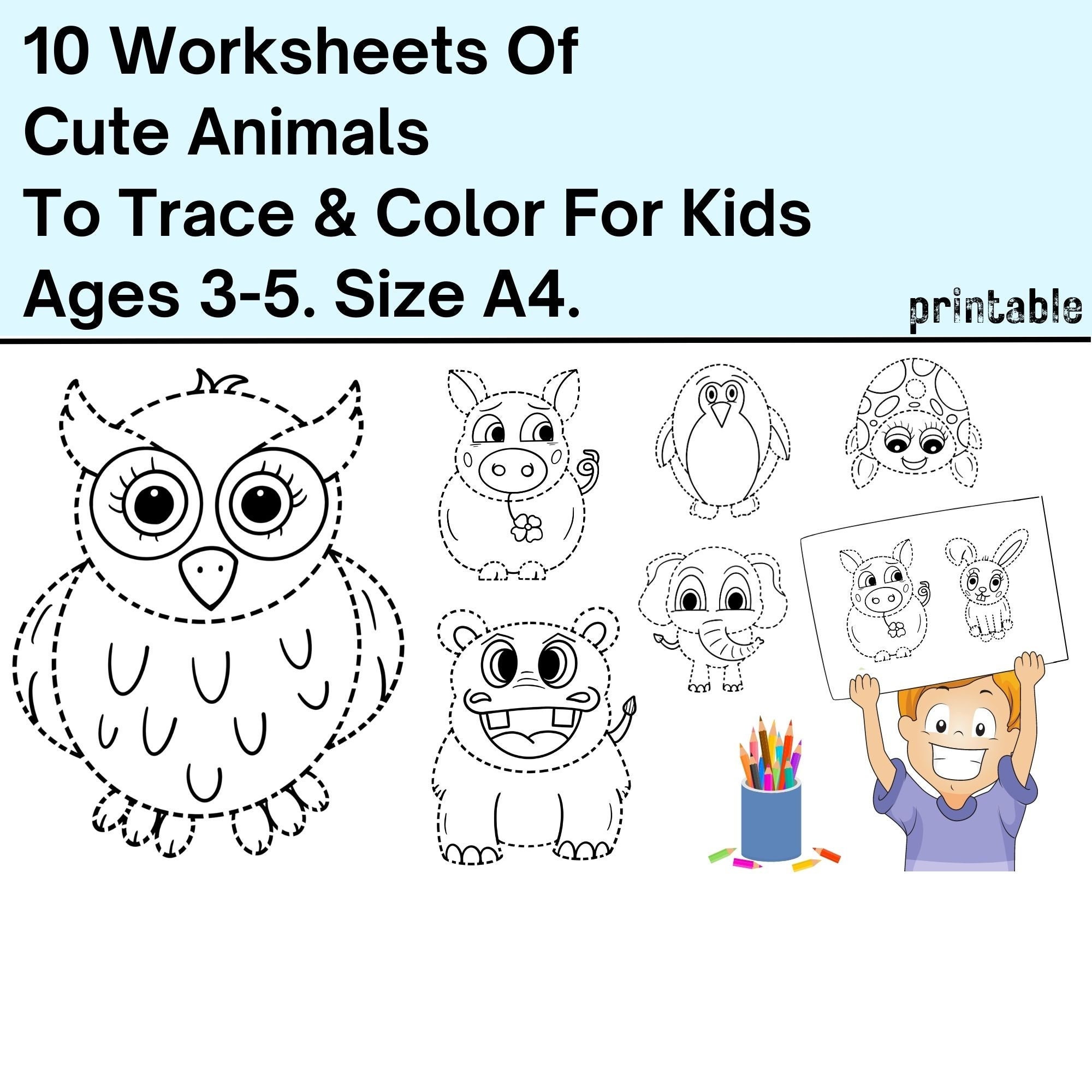 10 Workheets of Cute Animals for Kids to Trace & Color, Ages 3-5. A4 ...