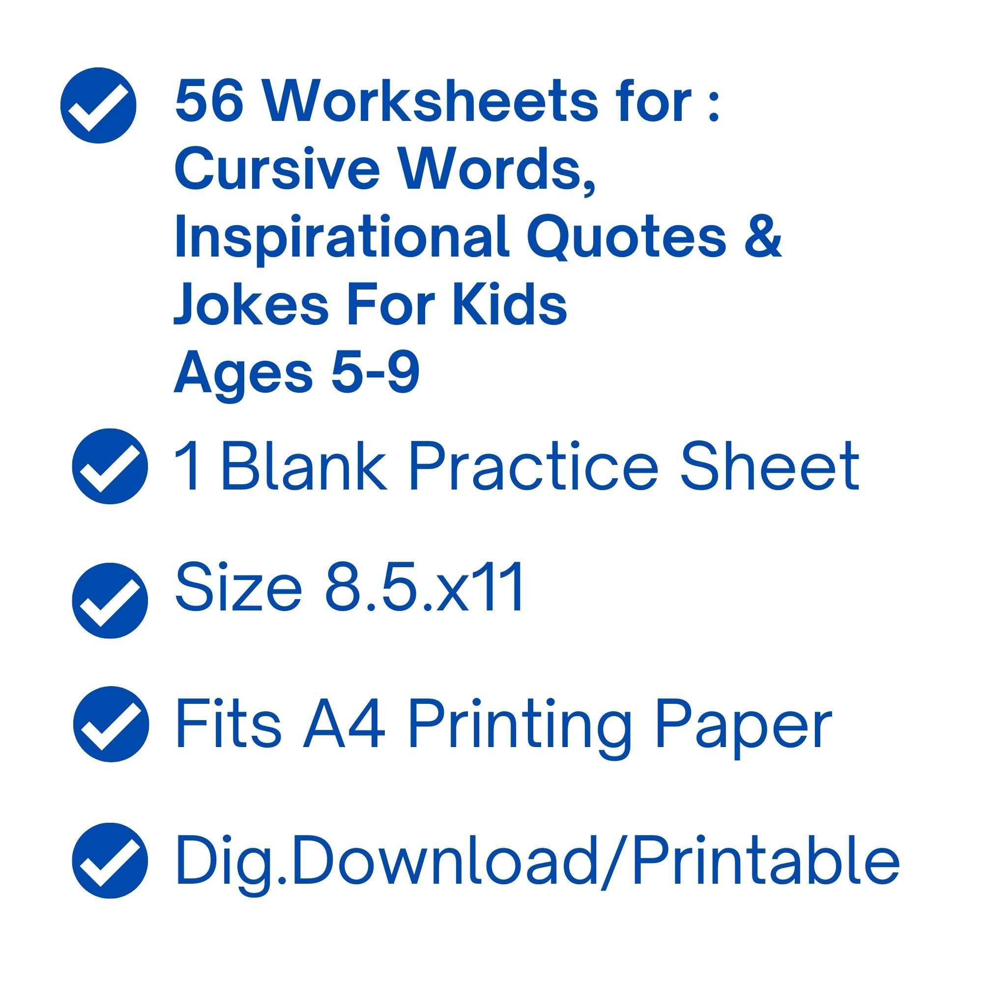 56 Worksheets for Cursive Words, Inspirational Quotes, Jokes for Kids ...