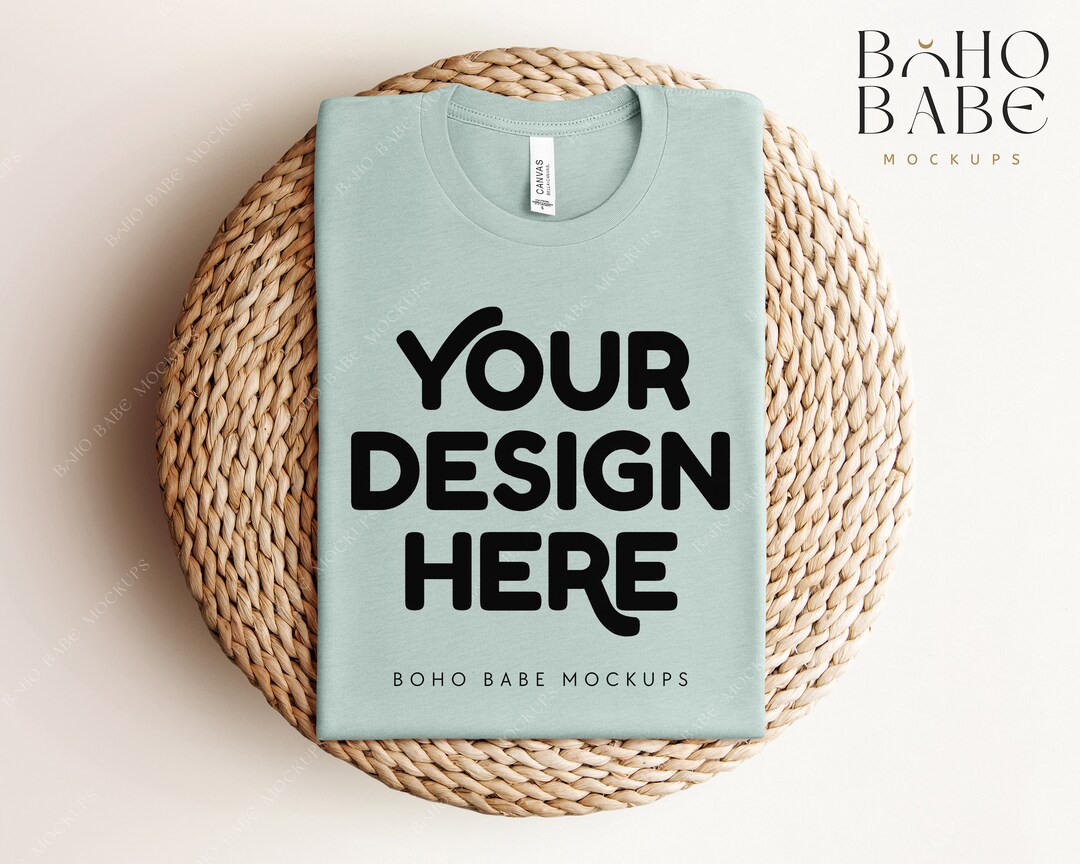 HEATHER DUSTY BLUE Bella Canvas 3001 Cvc Folded Mockup, Boho Flat Lay ...