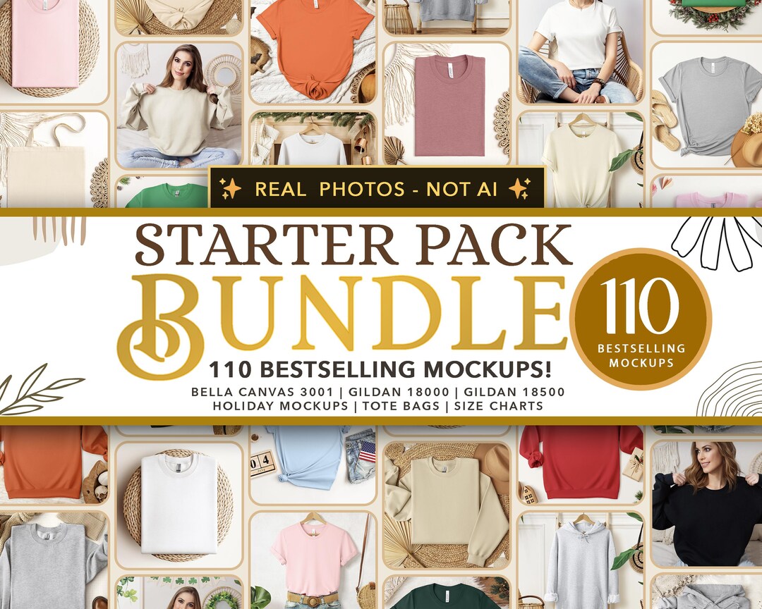 STARTER PACK BUNDLE | Boho Shop Mockup Bundle, Bella Canvas 3001, Gildan 18000, Pod Real Photos ...