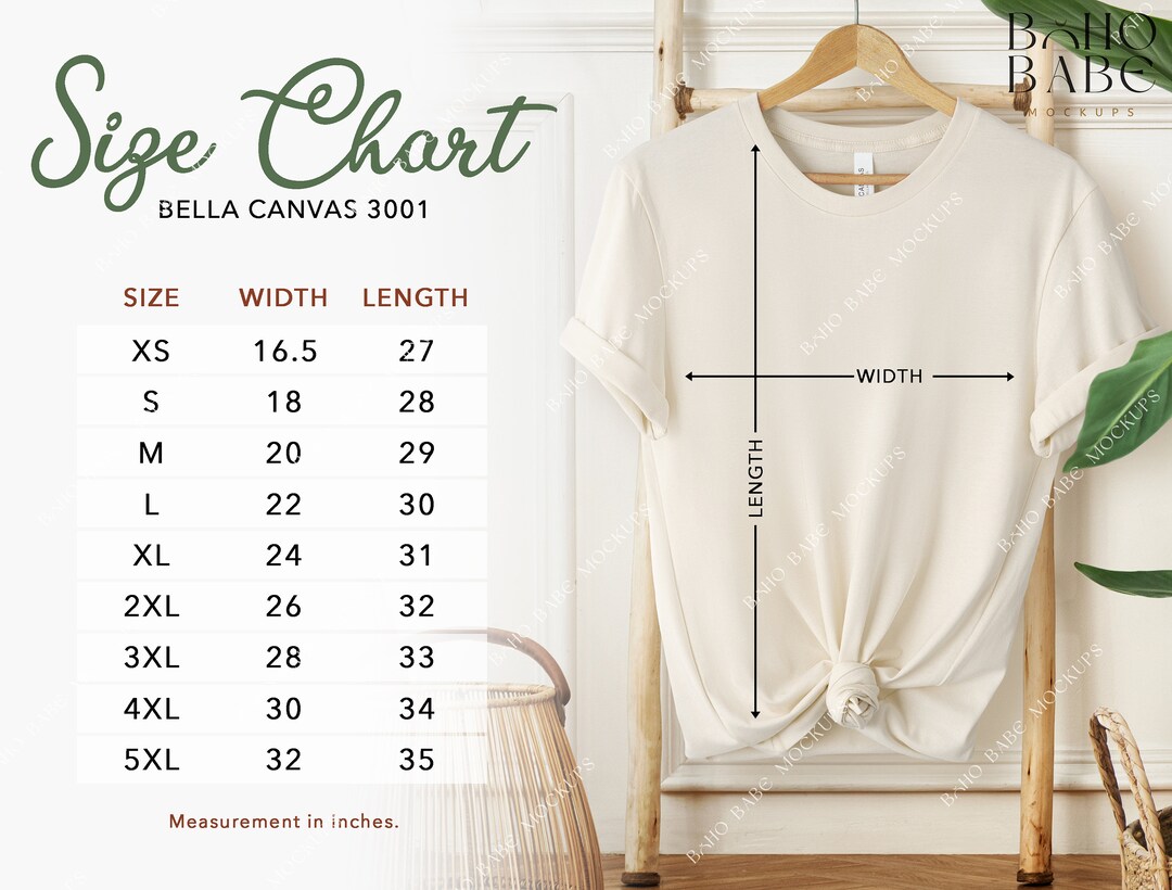 Size Chart Bella Canvas 3001 | 3 Unisex T-shirt Size Charts Inches and ...