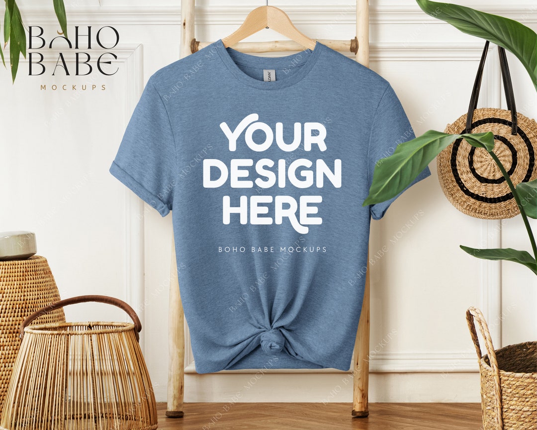 HEATHER INDIGO BLUE Gildan 64000 Mockup, Gildan Softstyle Shirt Mockup ...