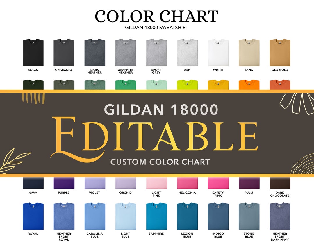 18000 Editable Color Chart | Gildan 18000 Sweatshirt Chart, 45 PNG ...