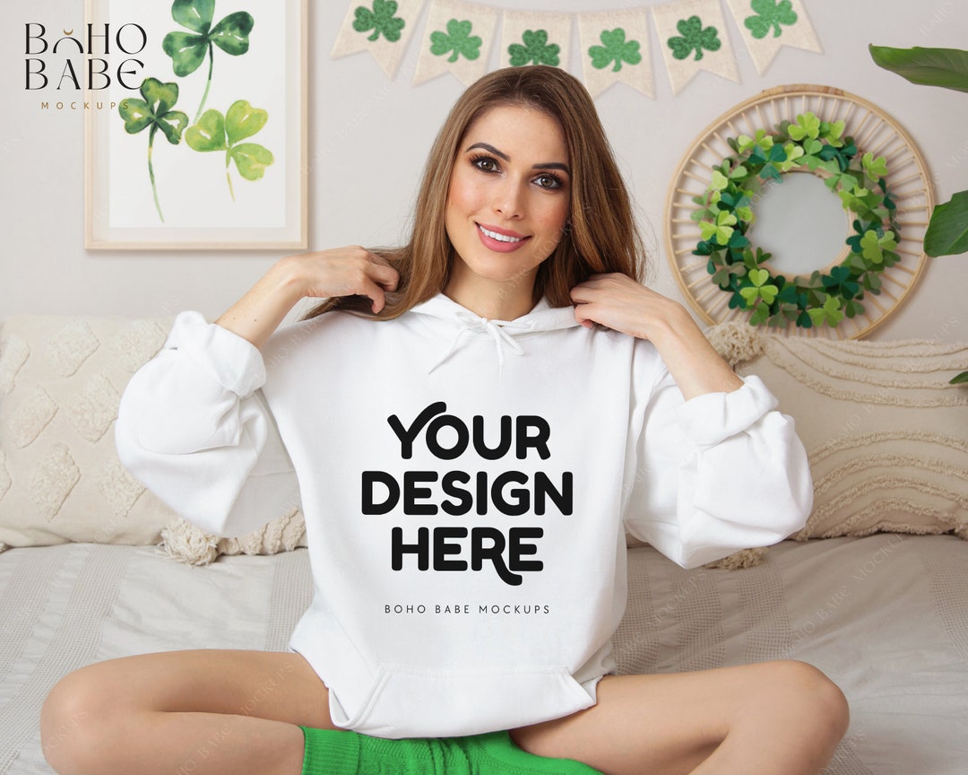 St Patricks Day Mockup Gildan 18500 White Hoodie Mockup Model Mocks