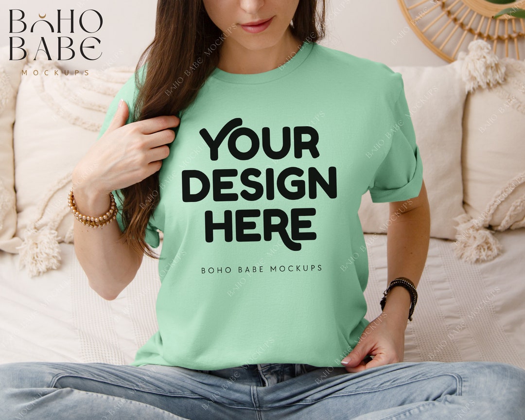 MINT GREEN Gildan 64000 Model Mockup, Boho Lifestyle Woman Mock-up ...